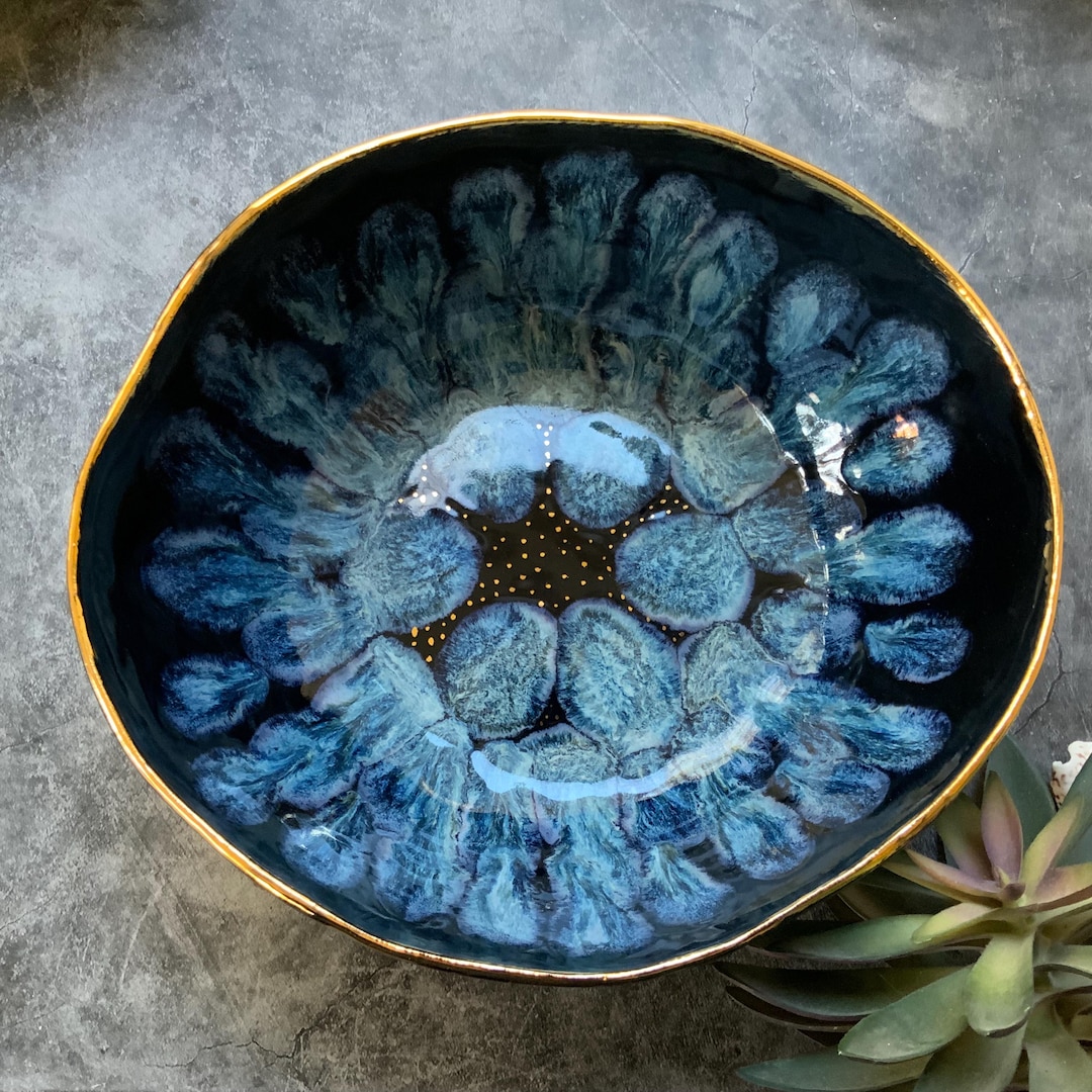 Drippy Blue and Black Ceramic Fruit Bowl, Shellieartist, Kitchen Decor ...