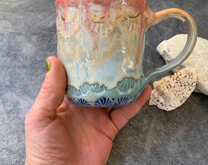 Orange Blue Glazed Hand Built Ceramic Mug, 12 Oz Mug, Boho Kitchenware ...