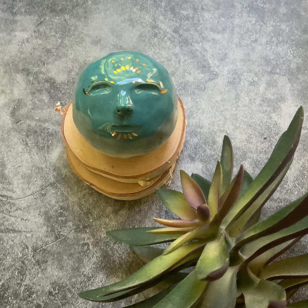 Turquoise Blue Ceramic Moon Face, Ceramic Wall Hanging, Boho Art ...