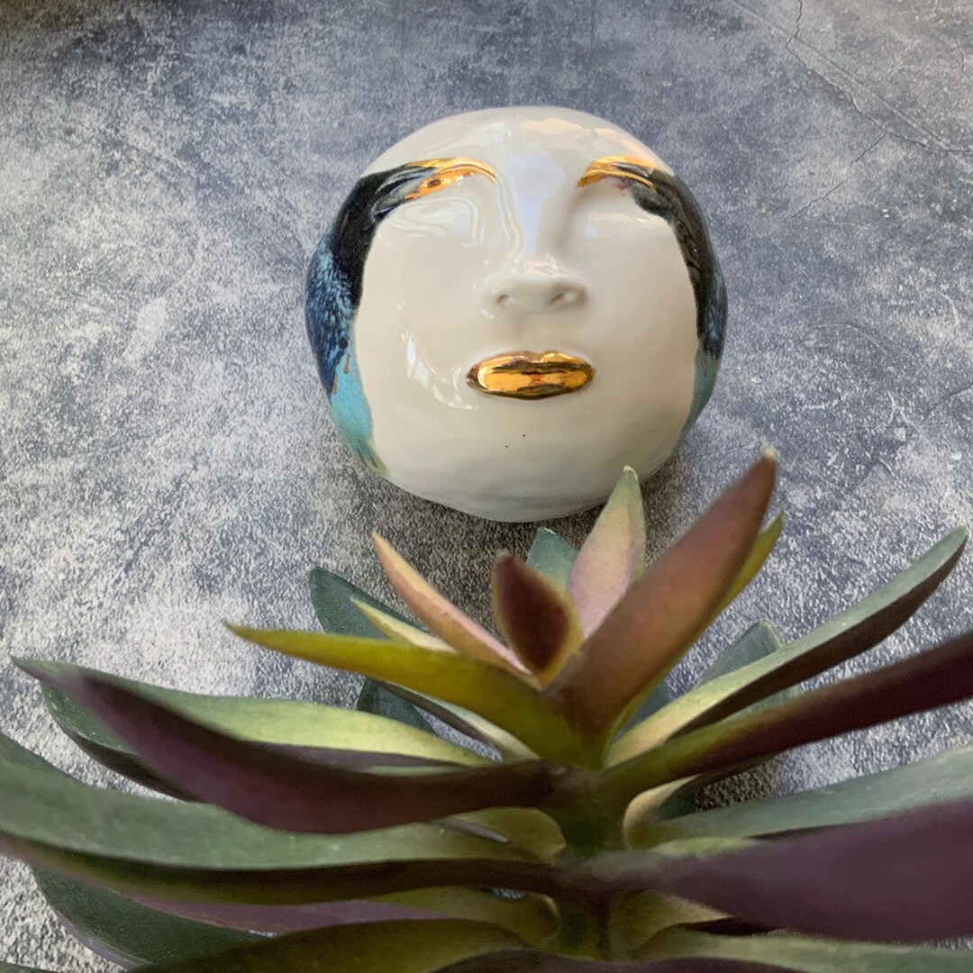 Gold Lips Ceramic Moon Face, Ceramic Wall Hanging, Boho Art, Gold ...