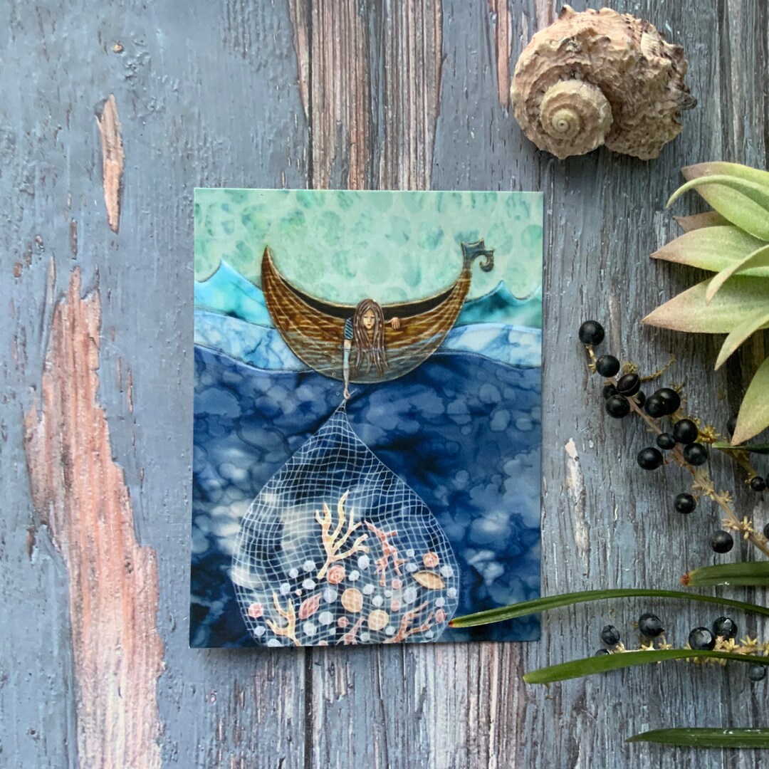 Flat Blank Card, the Sea Collector, Illustrated Blank Card, Girl in a ...