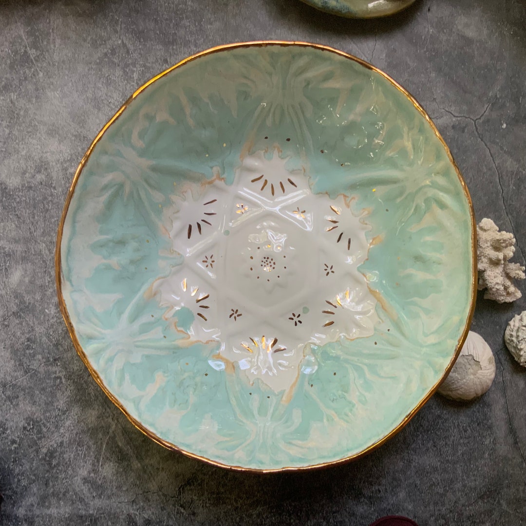 Big Pale Blue and White Textured Bowl, Beautiful Tall Ceramic Fruit ...