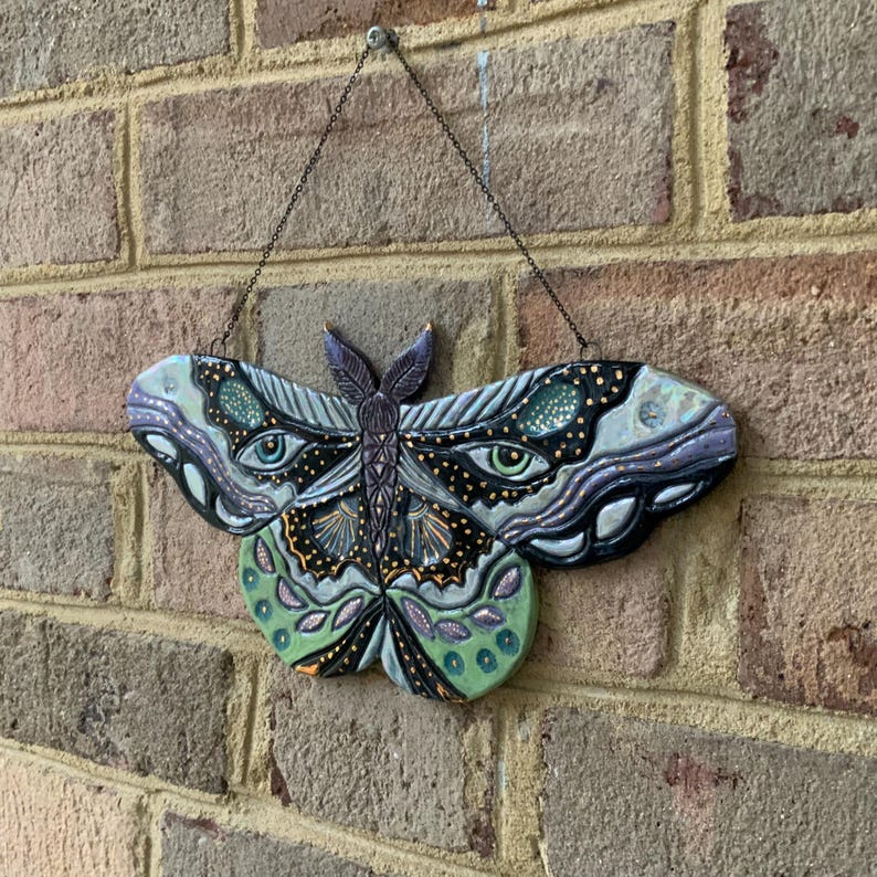 I See You Moth, Ceramic Wall Hanging, Gold Luster, Carved Moth Art ...