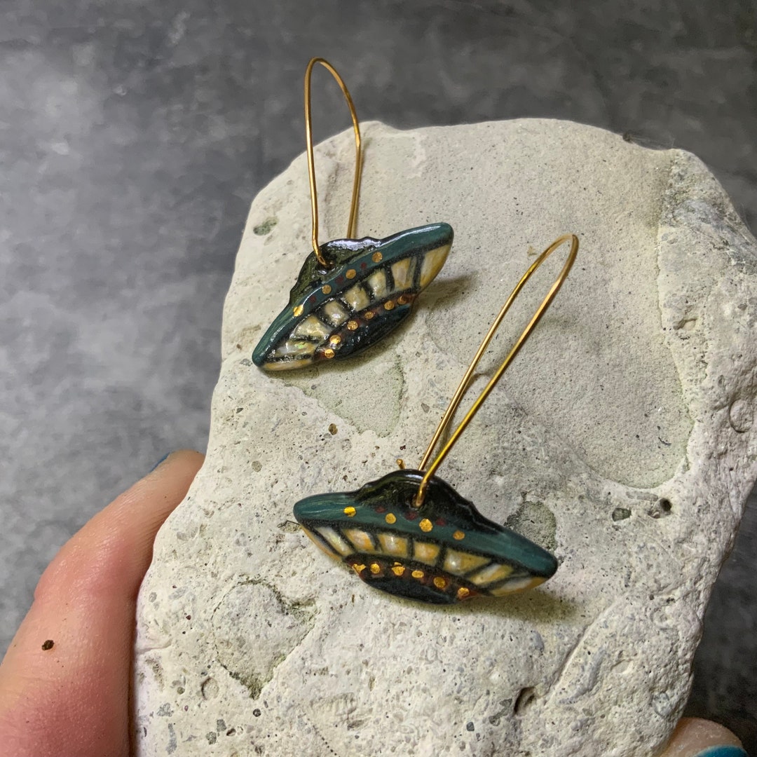 Spaceship Ceramic Earrings, Porcelain Ceramic Earrings, Gold Plated ...