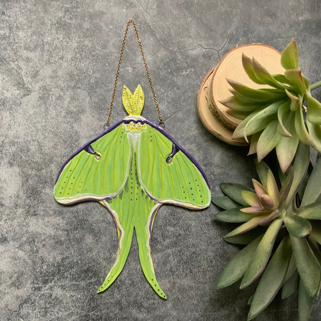Luna Moth Ceramic Wall Hanging, Gold Luster, Green Hand Painted Moth ...