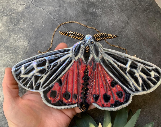 Tiger Moth Ceramic Wall Hanging, Gold Luster, Red Black White Moth ...