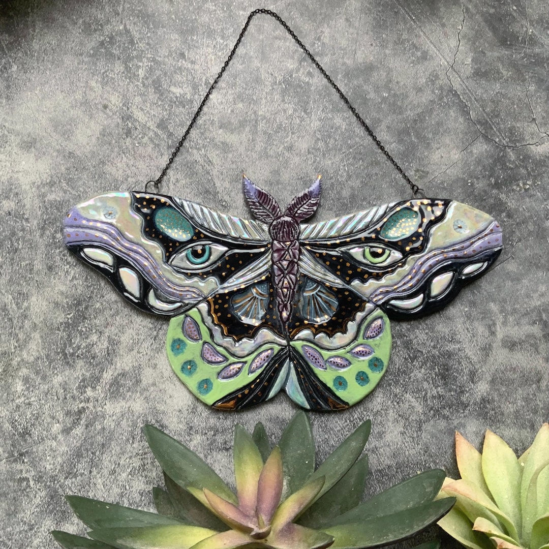 I See You Moth, Ceramic Wall Hanging, Gold Luster, Carved Moth Art ...