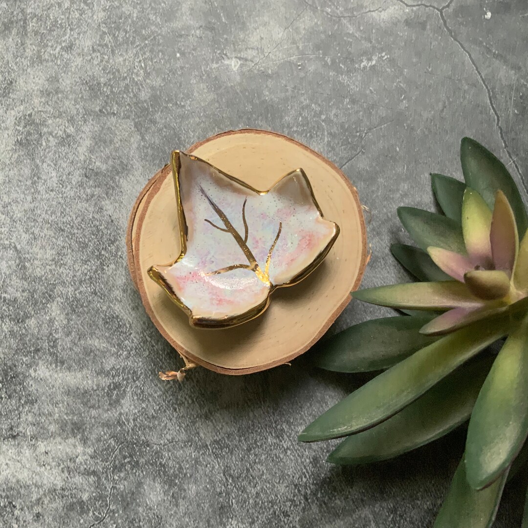 Pink and Gold Leaf Ceramic Dish, Small Trinket Dish, Gold Luster, Home ...