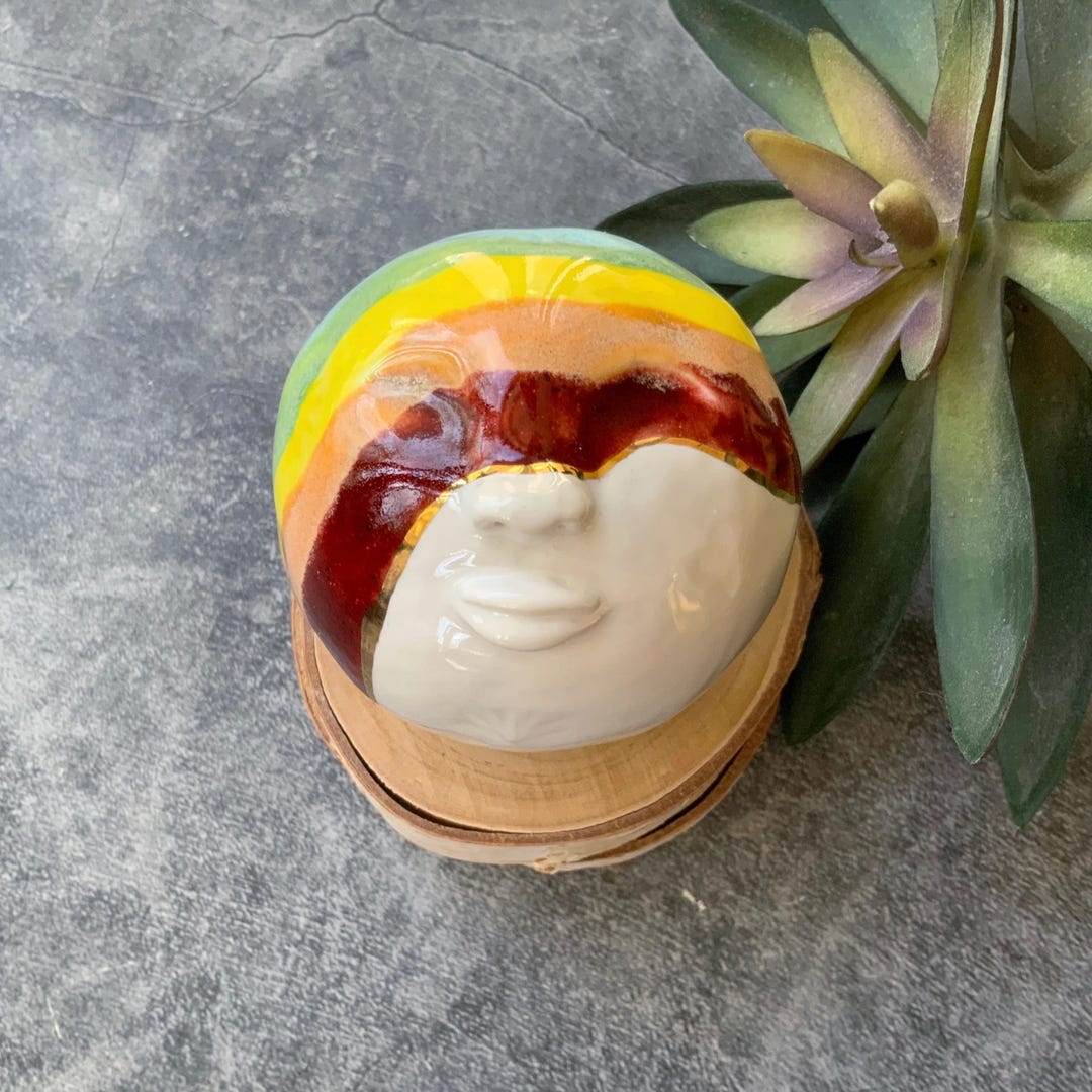 Rainbow Ceramic Moon Face, Ceramic Wall Hanging, Boho Art, Gold Luster ...