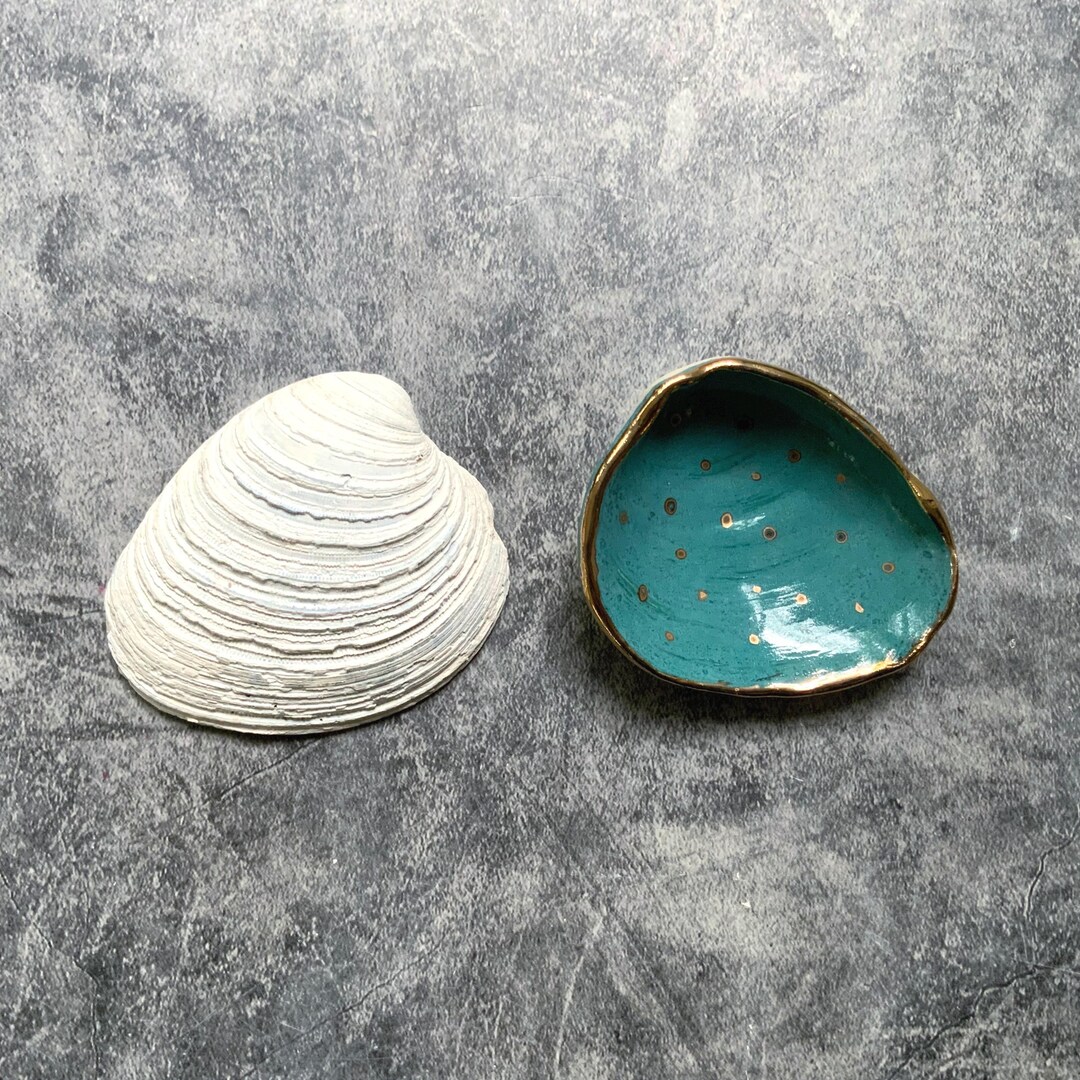 Tiny Teal Blue Ceramic Seashell Dish: Gold Luster Accent, Beach Decor ...