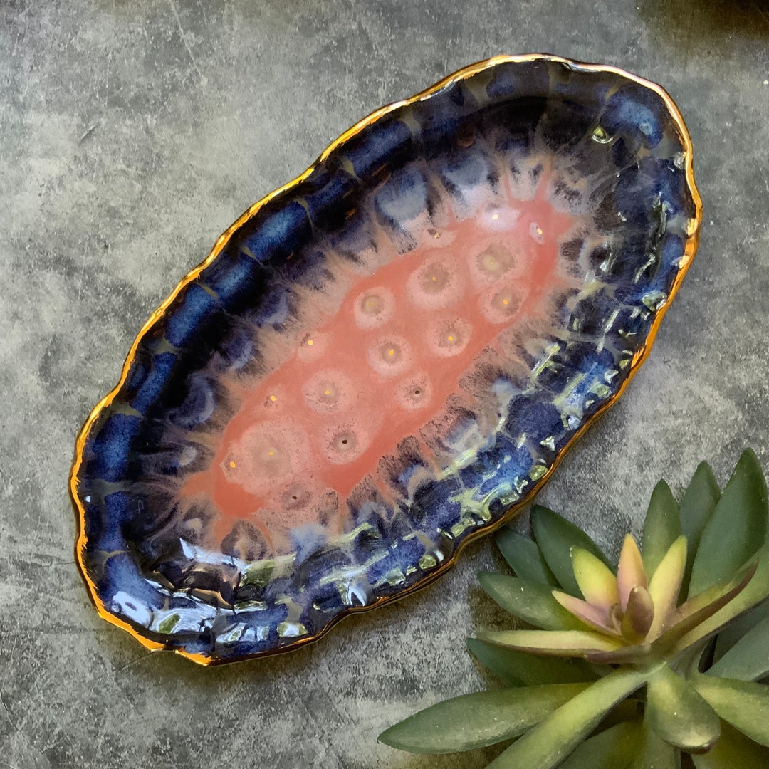 Magenta Blue Black Ceramic Serving Dish, Gold Luster, Shellieartist, Appetizer Dish, Kitchen ...