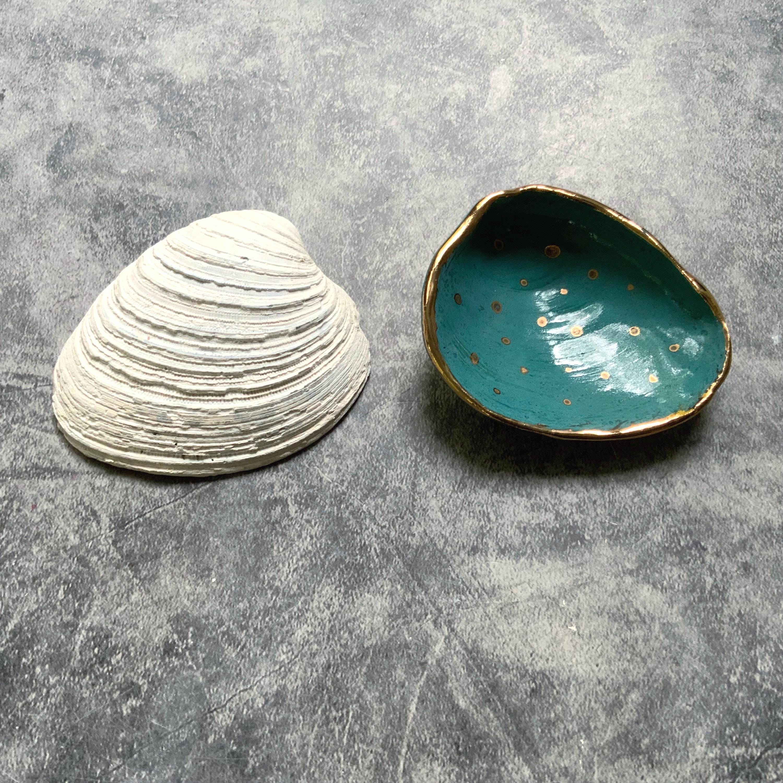Tiny Teal Blue Ceramic Seashell Dish: Gold Luster Accent, Beach Decor ...