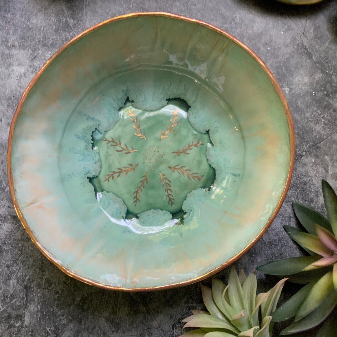 Green Ceramic Fruit Bowl, Leaf Pattern, Shellieartist, Kitchen Decor ...