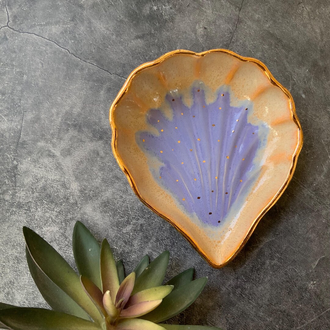 Orange and Purple Seashell Ceramic Dish, White Clay, Gold Luster ...