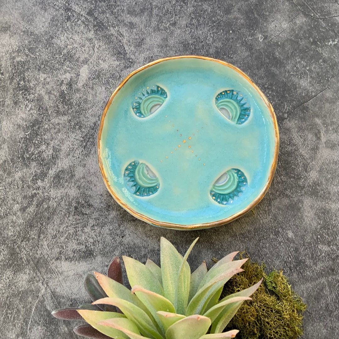 Blue Aqua Stamped Ceramic Plate, White Clay, Boho Kitchenware, Gold ...