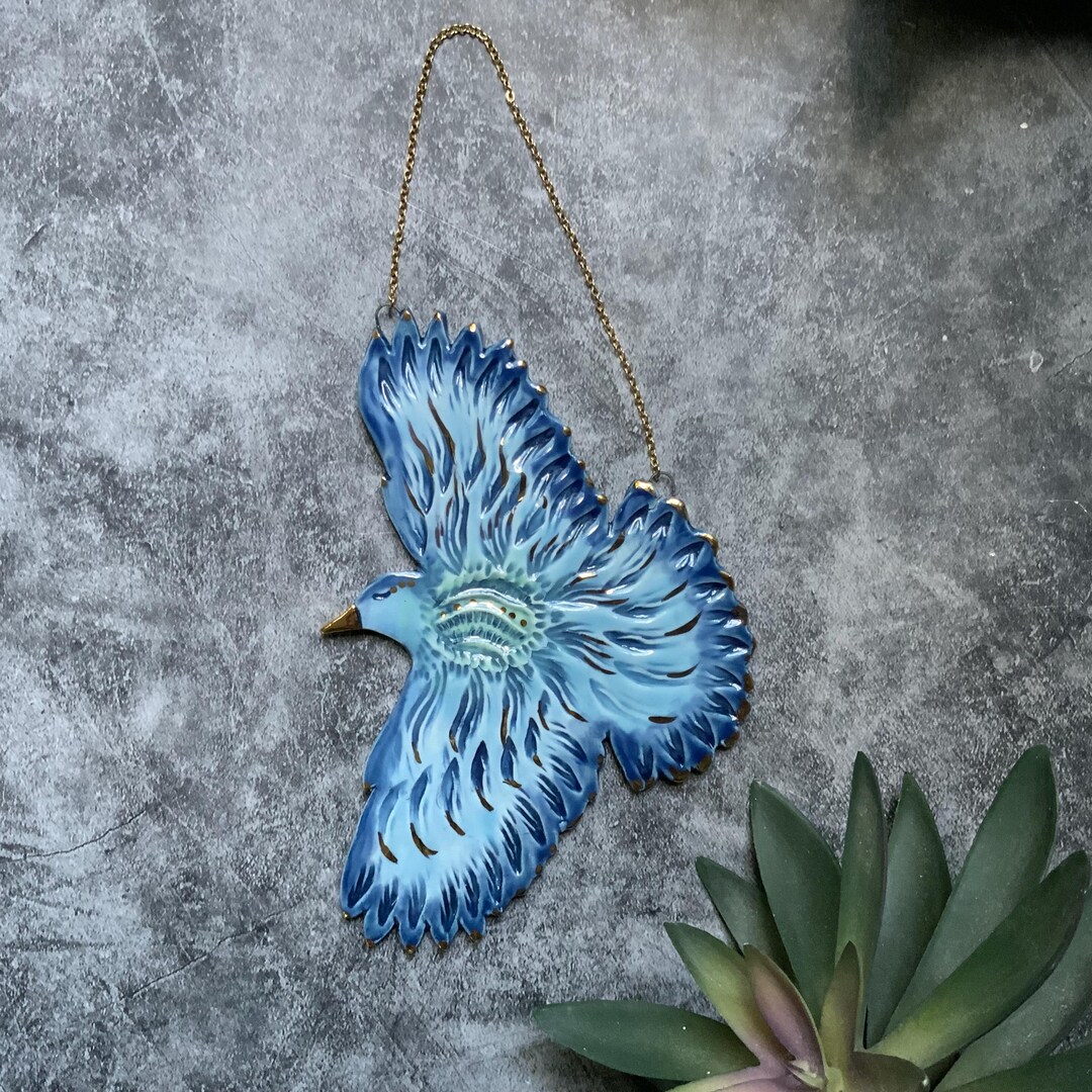 Flying Blue Bird Porcelain Wall Art, Gold Luster, Boho Art, Stamped ...