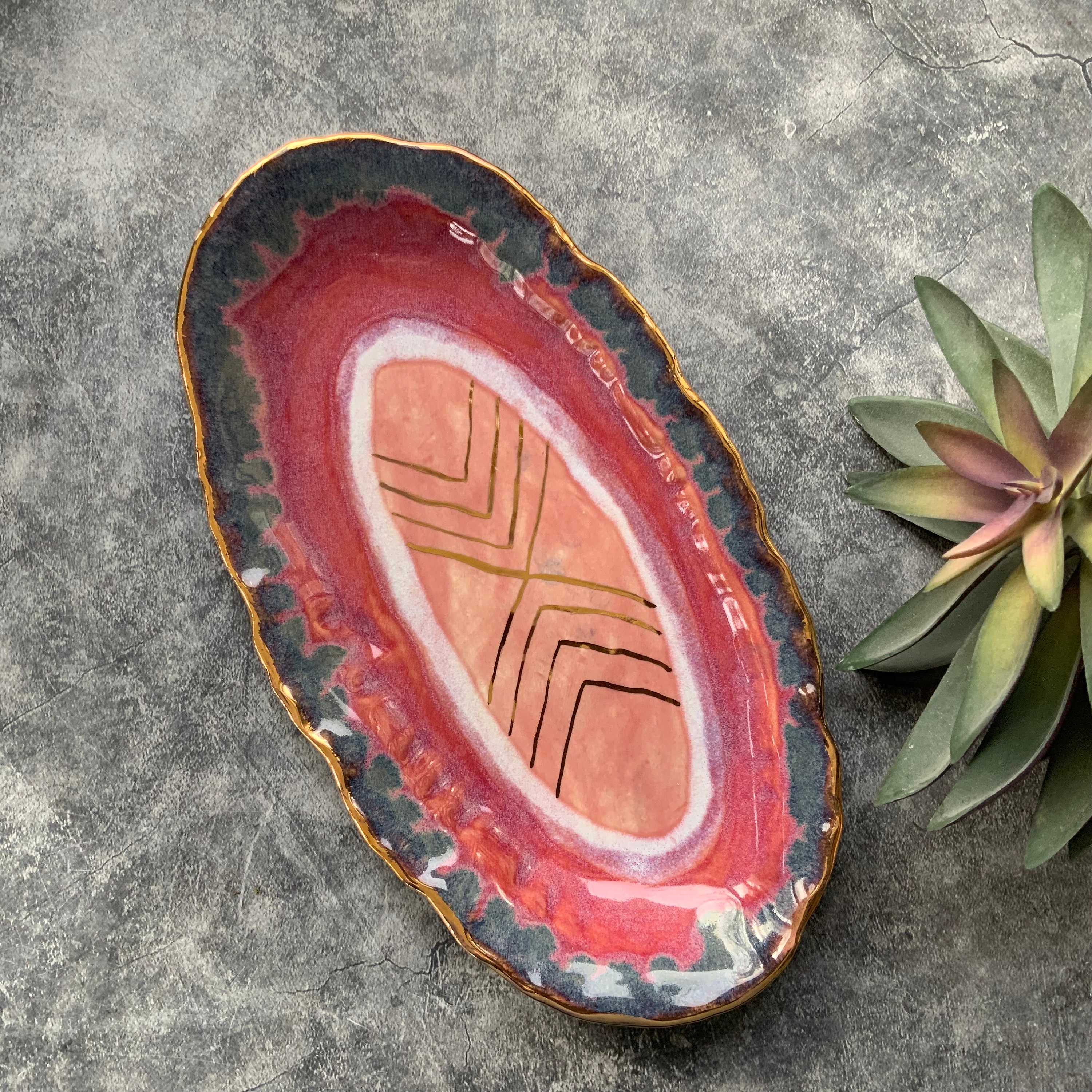 Pink and Gold Colorful Ceramic Dish, Serving Dish, Shellieartist, Gold ...