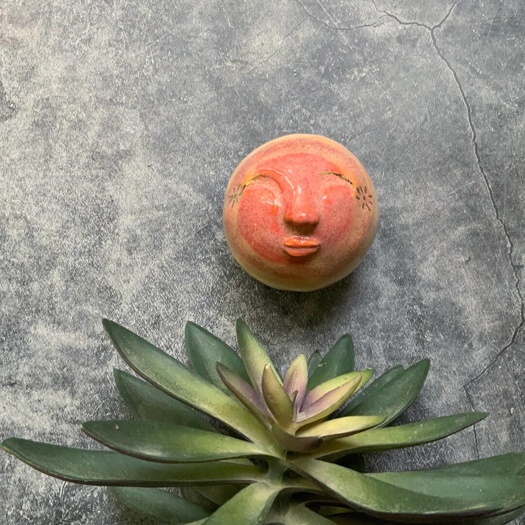 Orange Sunset Ceramic Moon Face, Ceramic Wall Hanging, Boho Art, Gold ...