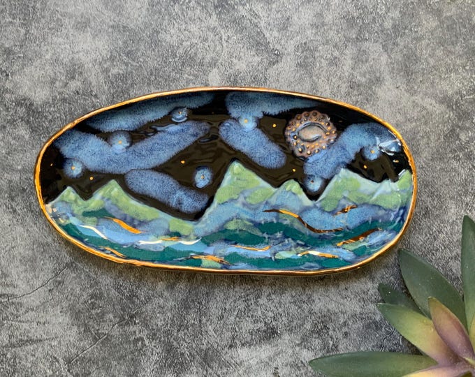 Landscape Mountains Dish, Ceramic Dish, Orange Moon, Home Decor ...