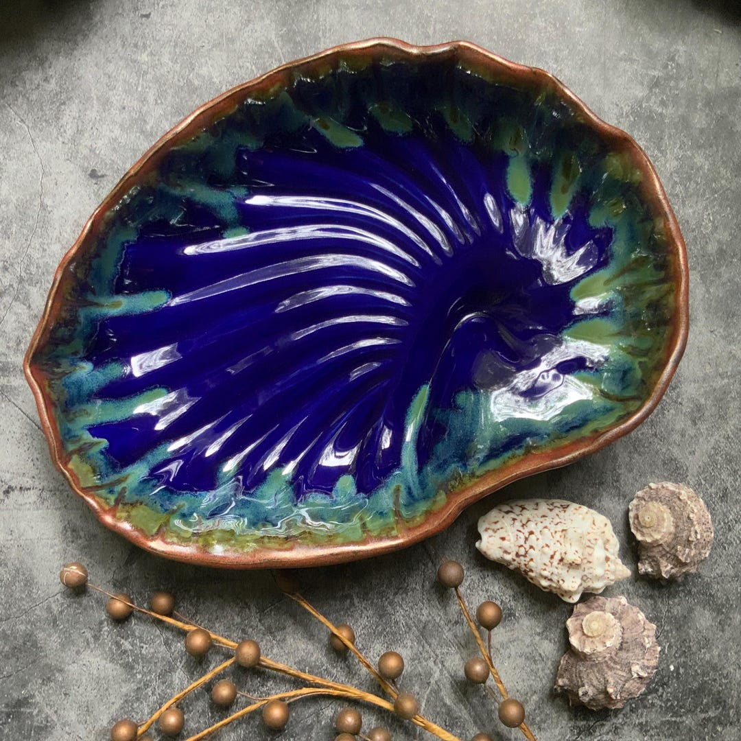 Cobalt Blue Big Seashell Ceramic Dish, White Clay, Boho Kitchenware ...