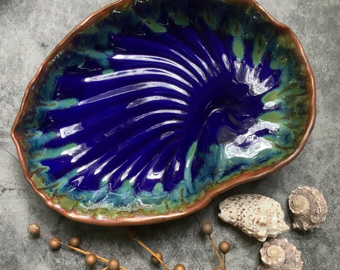 Cobalt Blue Big Seashell Ceramic Dish, White Clay, Boho Kitchenware ...