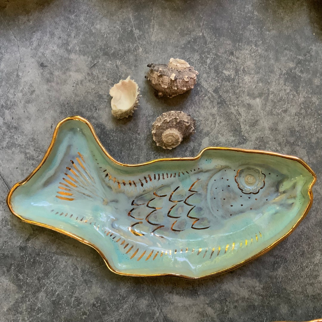 Aqua Blue Fish Dish, Ceramic Dish, Pottery Collector, Shellieartist ...