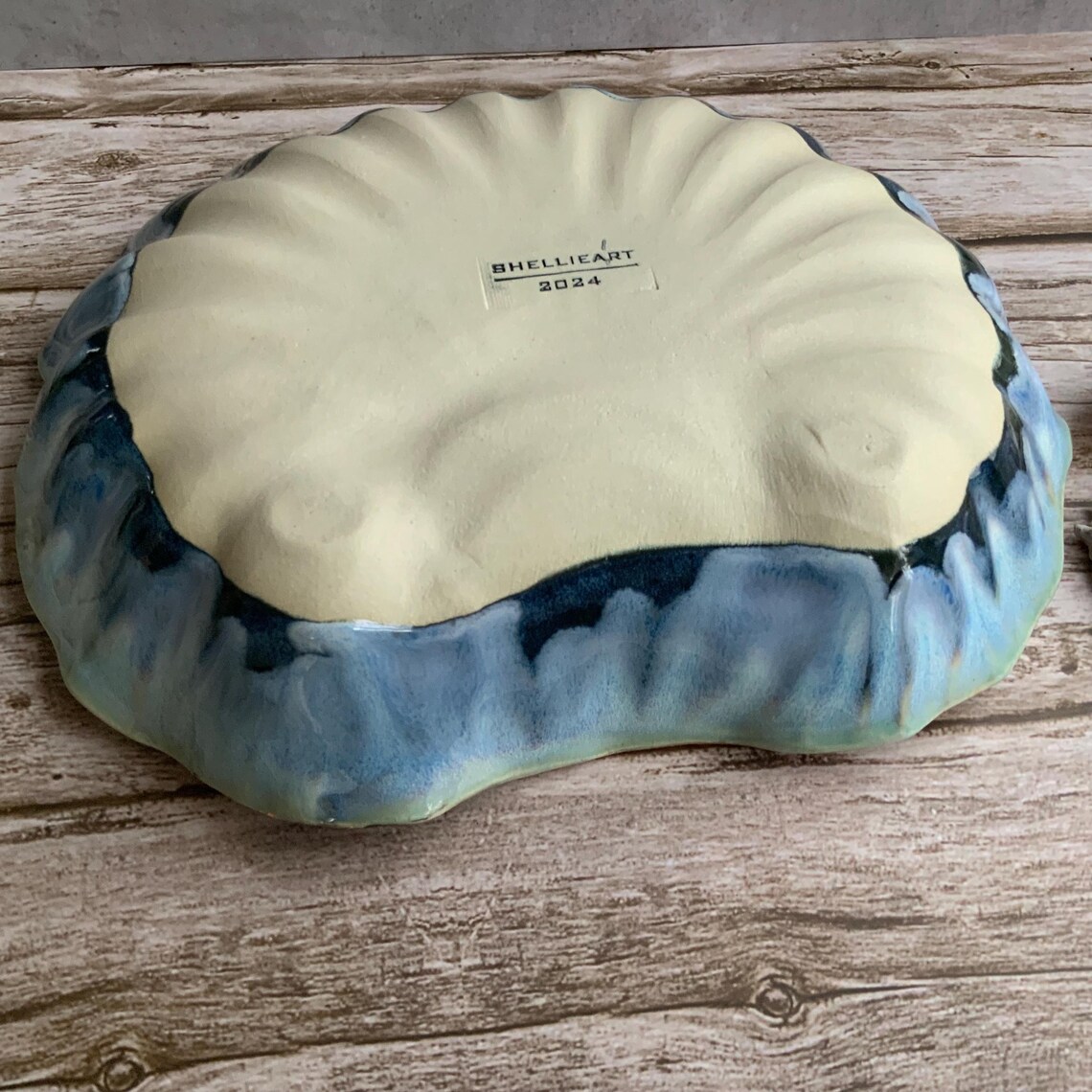 Blue Big Seashell Ceramic Dish, White Clay, Boho Kitchenware, Gold ...
