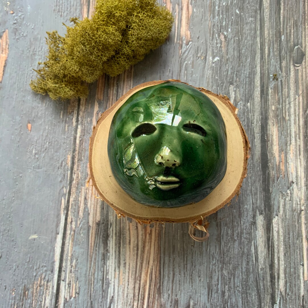 Ceramic Moon Face, Ceramic Wall Hanging, Boho Art, Green Moon Face ...