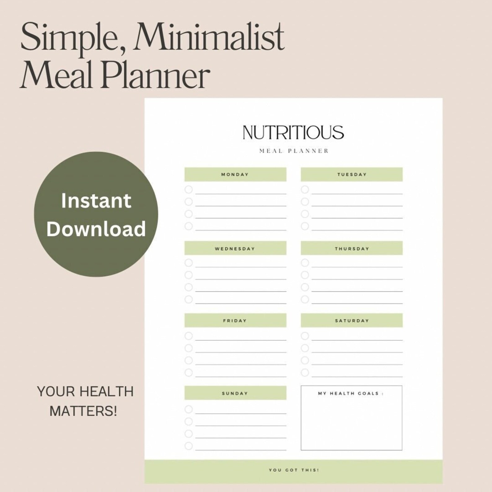Minimalist Weekly Meal Planner - Printable Template , Nutrition Planner ...