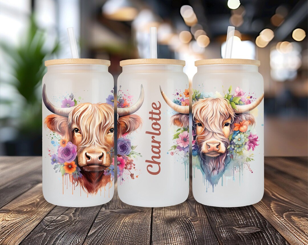 Customizable Highland Cow Glass Can (16OZ), Cute Cow Glass Tumbler ...