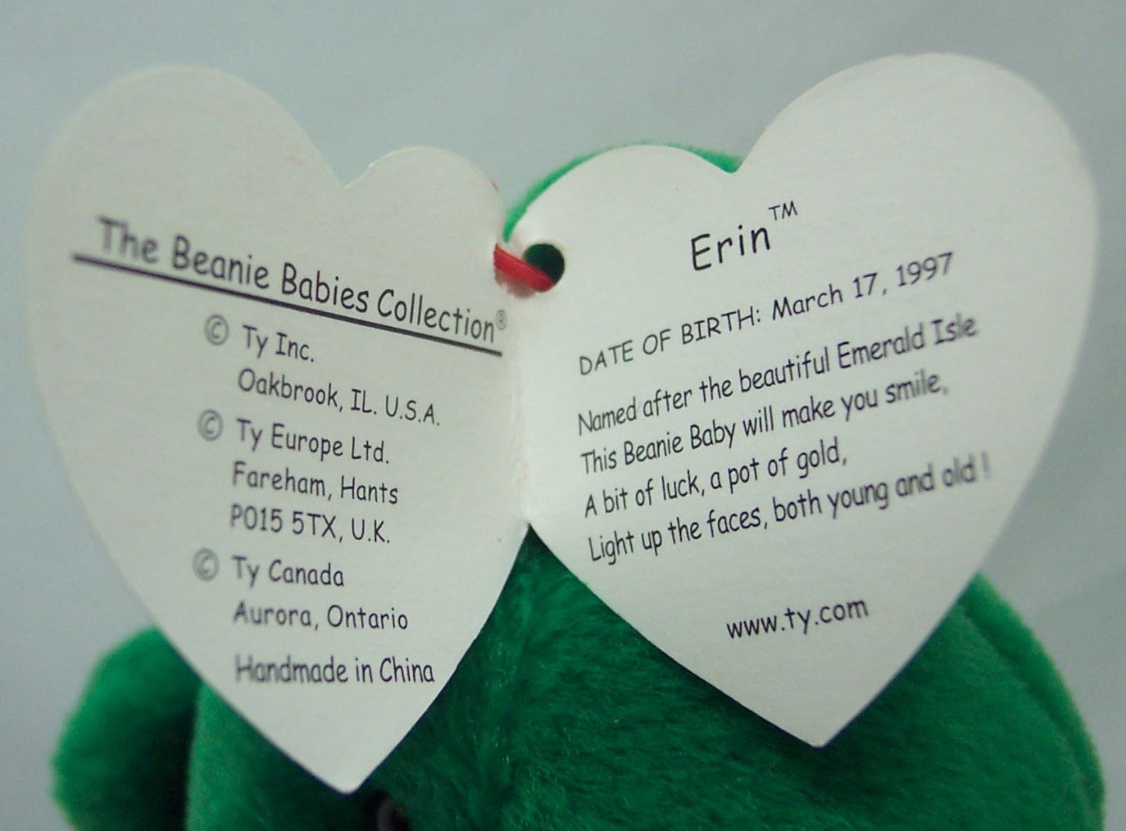 Vintage RARE Errors 1997 TY Beanie Baby Green ERIN Irish Shamrock Teddy ...