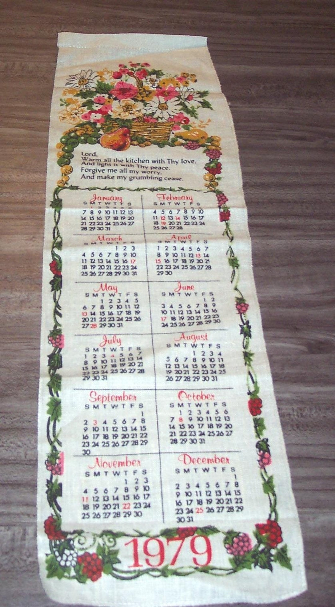 Vintage 1979 CALENDAR Prayer Flowers Fruit Screen Printed Linen Tea ...