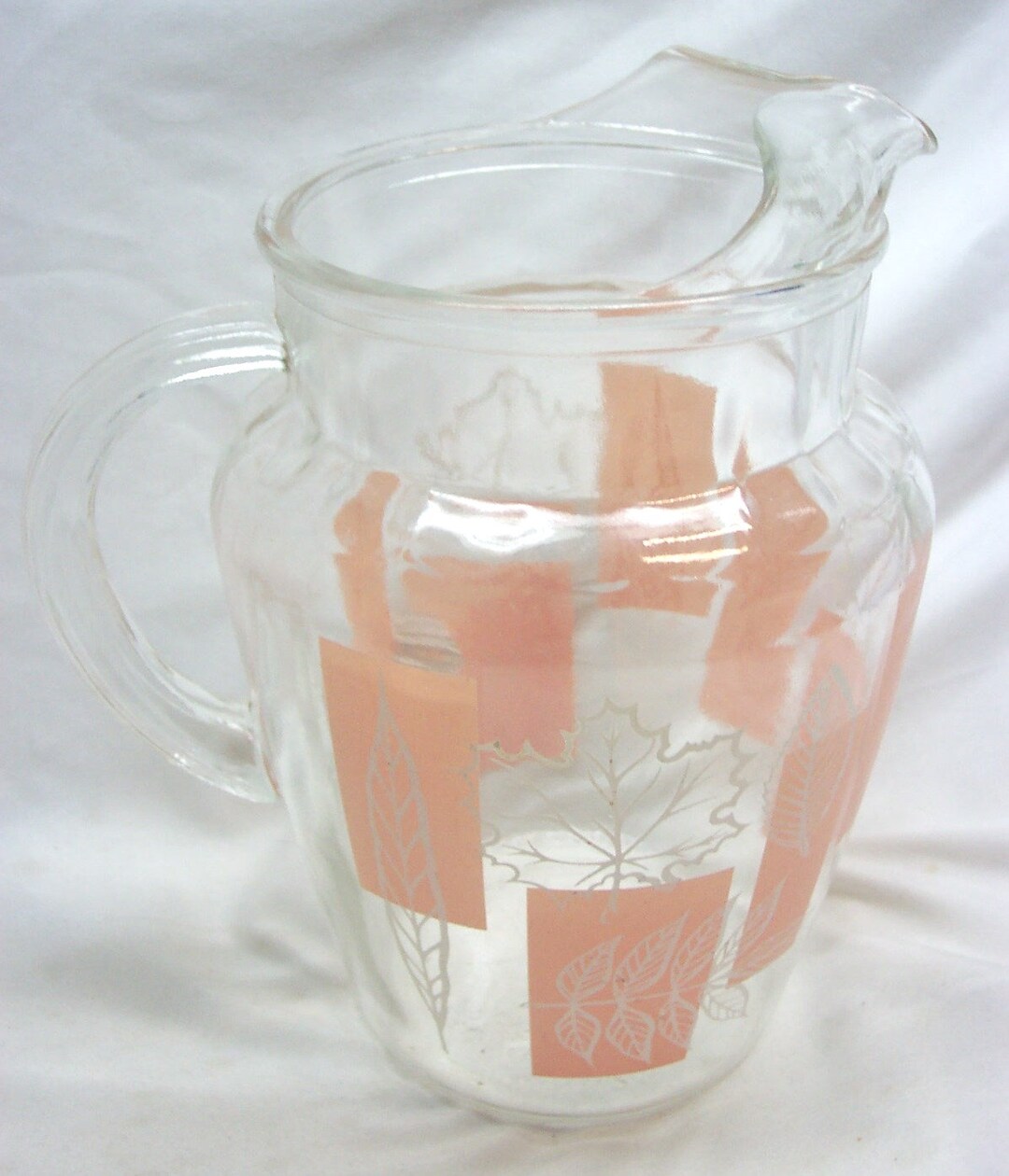 Vintage 1950's GLASS PITCHER With Pink Blocks and White Leaves 9" MCM ...