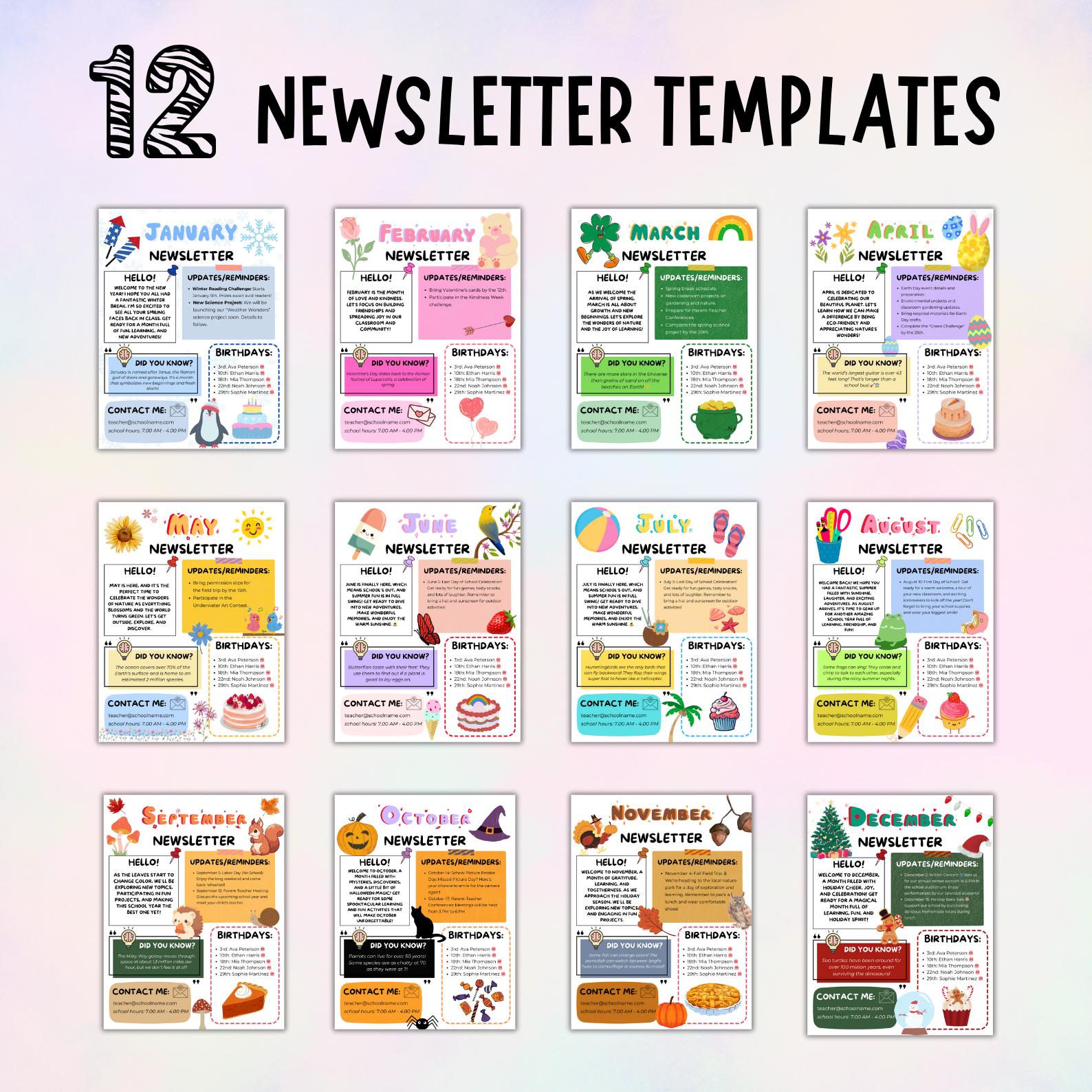 Monthly Teacher Newsletter Template: Elementary School, Canva (PDF) - Etsy