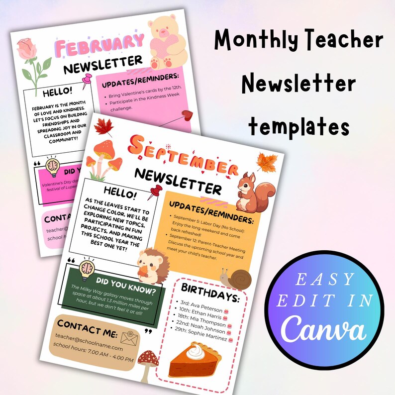Monthly Teacher Newsletter Template: Elementary School, Canva (PDF) - Etsy