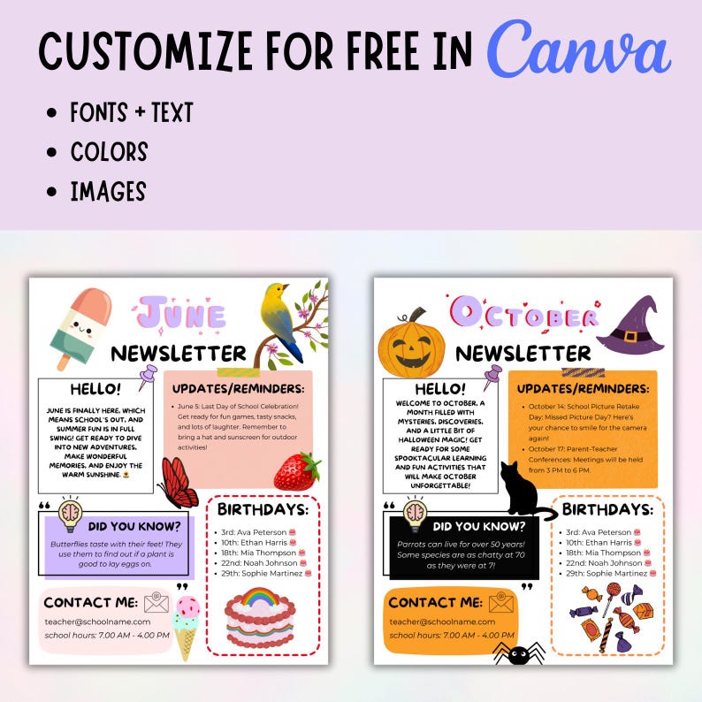 Monthly Teacher Newsletter Template: Elementary School, Canva (PDF) - Etsy