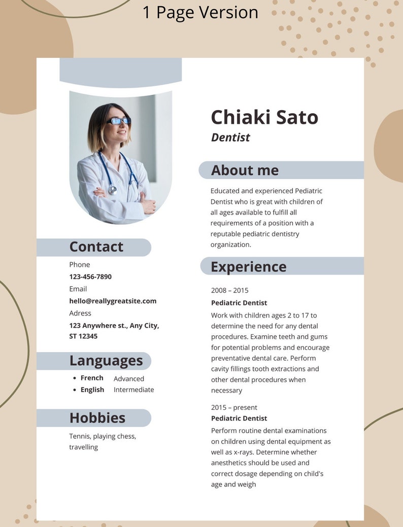 Dentist Resume Template Dental Hygienist CV Editable Dentist CV With ...