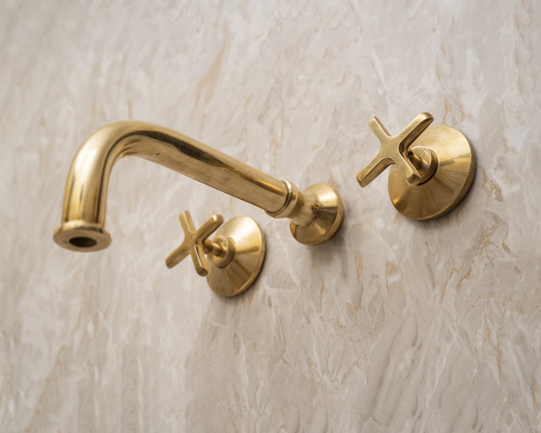 Brass Wall Mount Bathroom Faucet: Solid Unlacquered Vanity Sink Tap ...