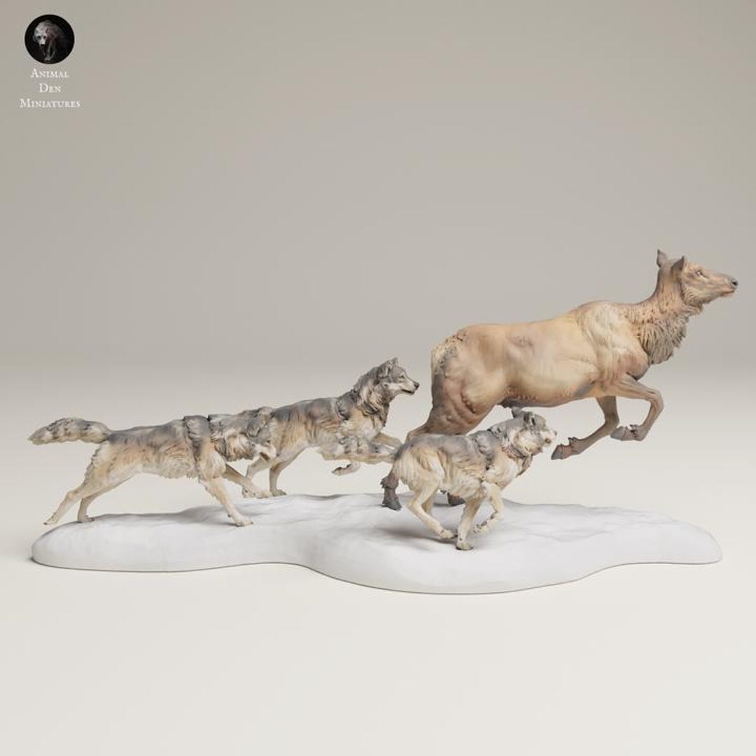 Grey Wolves Hunting Elk Cow - UNPAINTED 3D Resin Print/figure - Animal ...