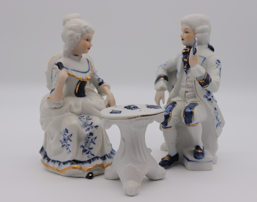 Vintage Porcelain Figurines of a Man and Woman Playing Cards - Etsy