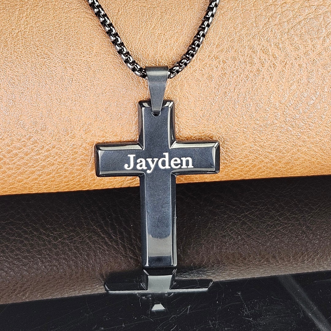 Engraved Large Black Tapered Cross Stainless Steel Necklace - Etsy