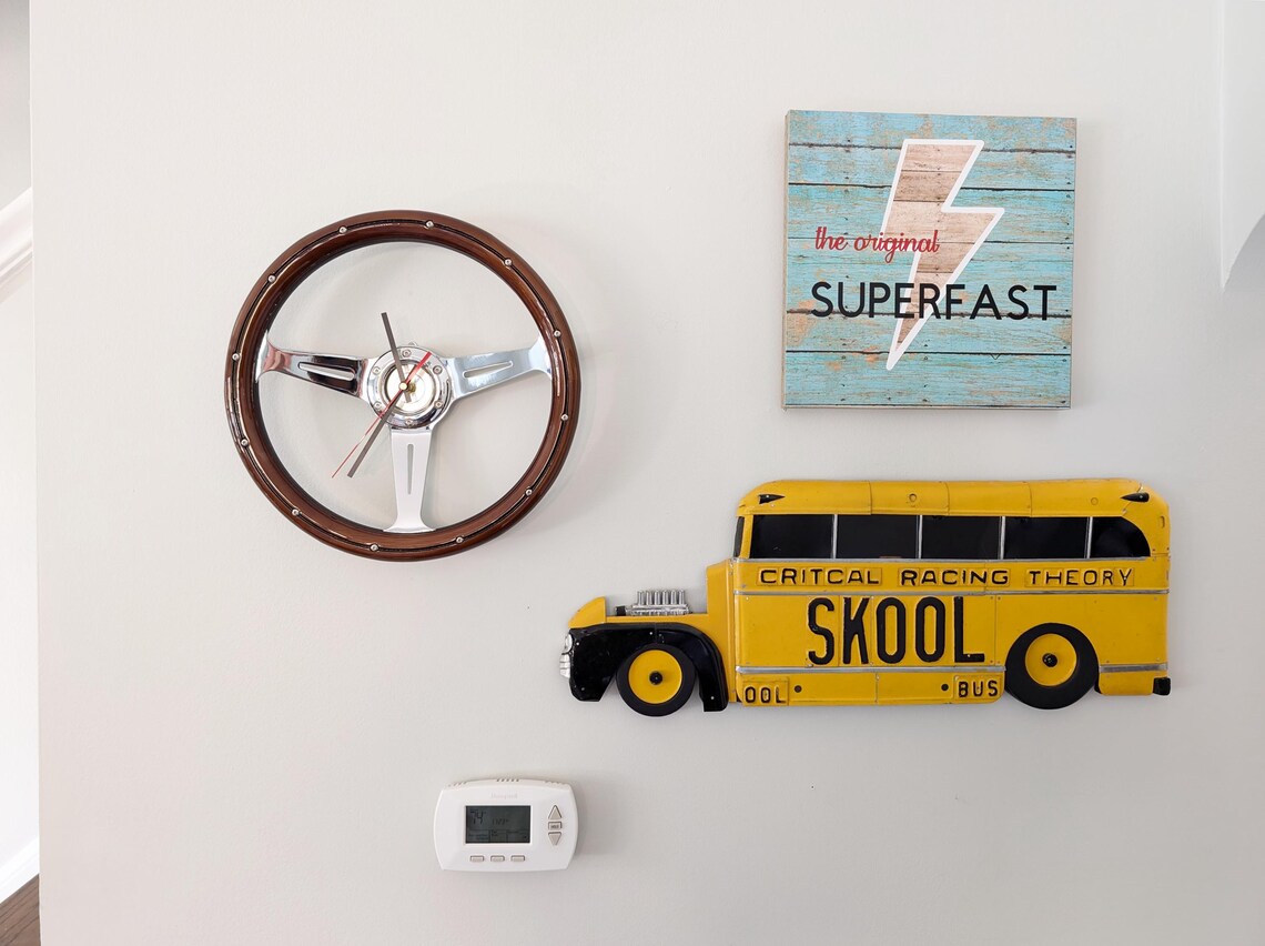 14“ Steering Wheel Wall Clock: Riveted Wood Grain & Chrome - Etsy