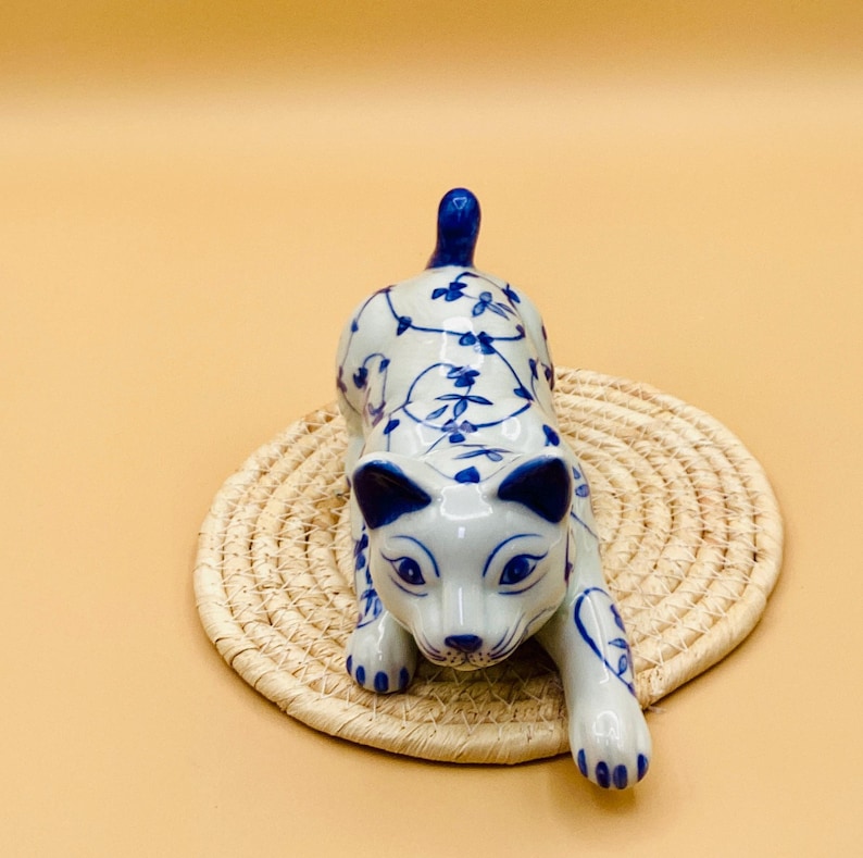 Hand Painted Cat Blue and White Pottery Made in Thailand Cat Lover Gift ...