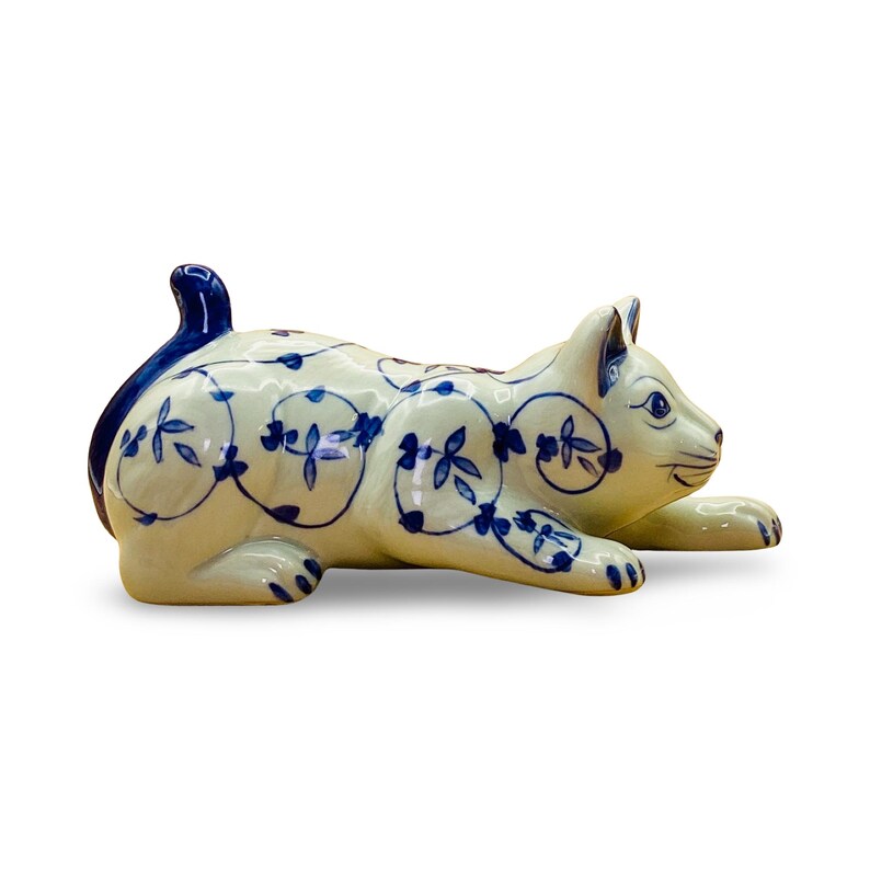 Hand Painted Cat Blue and White Pottery Made in Thailand Cat Lover Gift ...