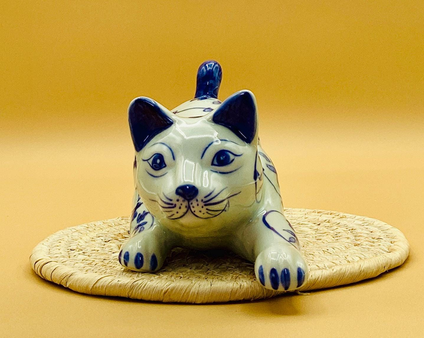 Hand Painted Cat Blue and White Pottery Made in Thailand Cat Lover Gift ...