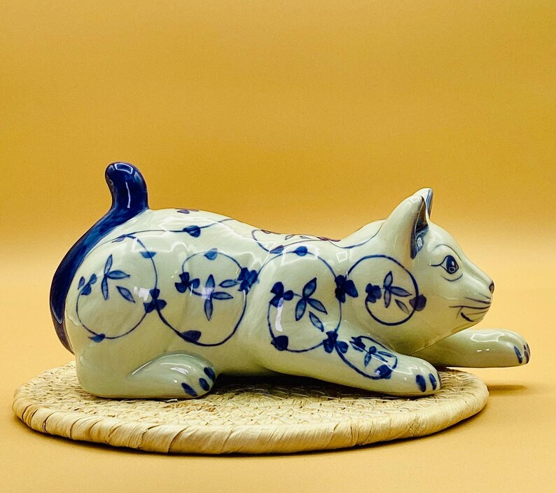 Hand Painted Cat Blue and White Pottery Made in Thailand Cat Lover Gift ...