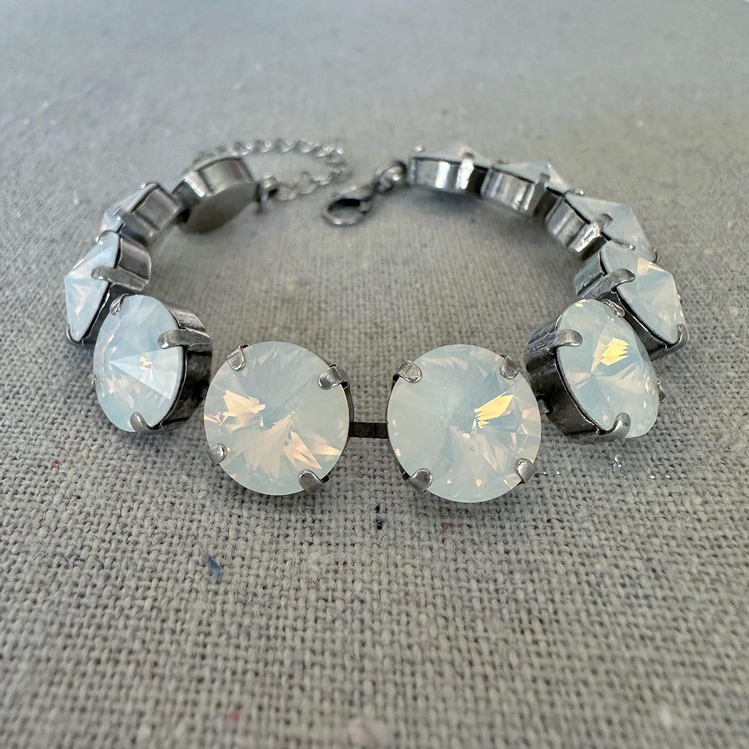 Swarovski Crystal Tennis Bracelet | 12mm White Opal Rivoli Chatons ...