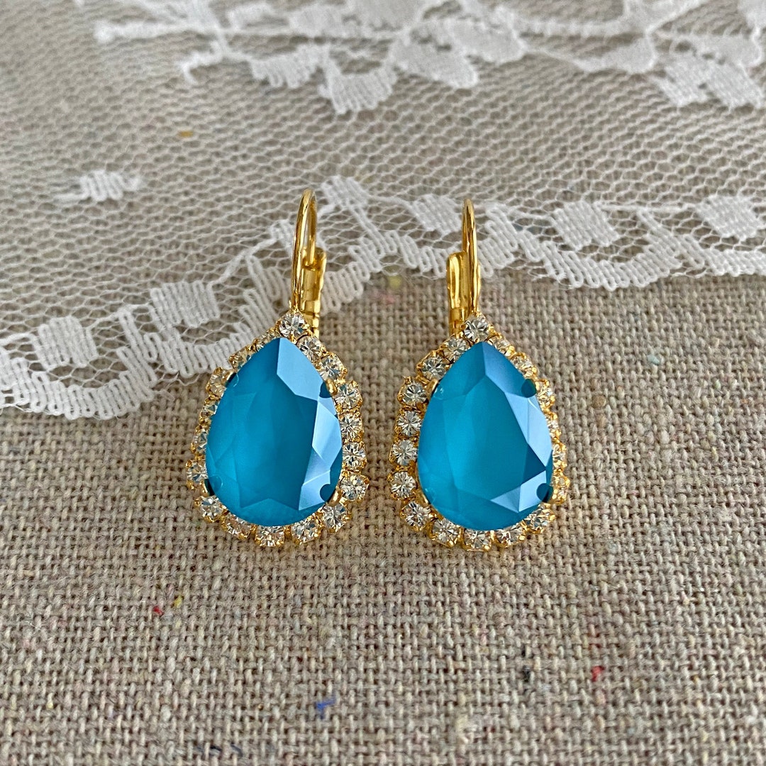 Swarovski Crystal Earrings, Azure Blue Pear Crystal Halo Leverbacks ...