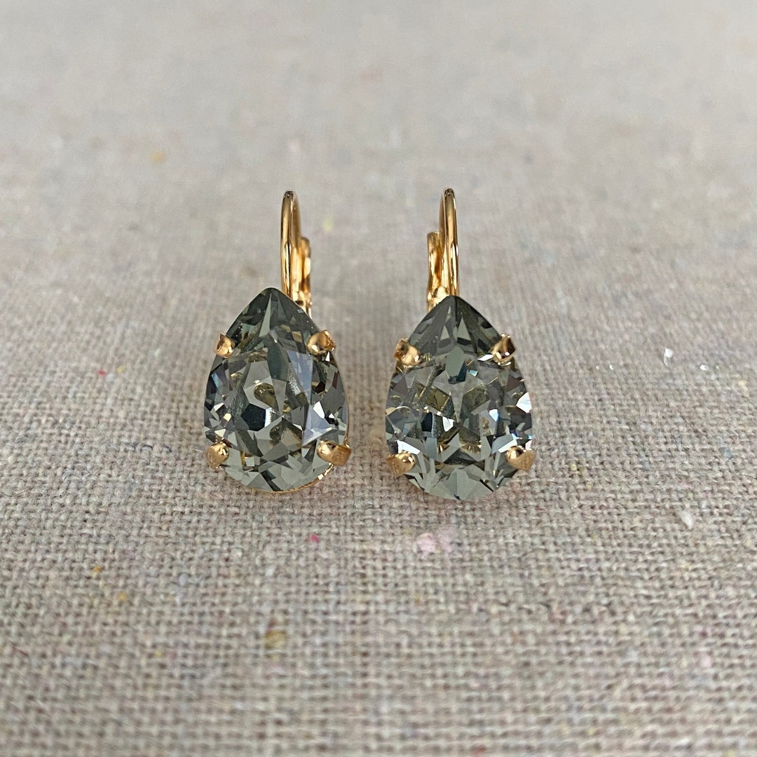 Swarovski Crystal Dangling Earrings | 14x10 Black Diamond Pears | Lever ...