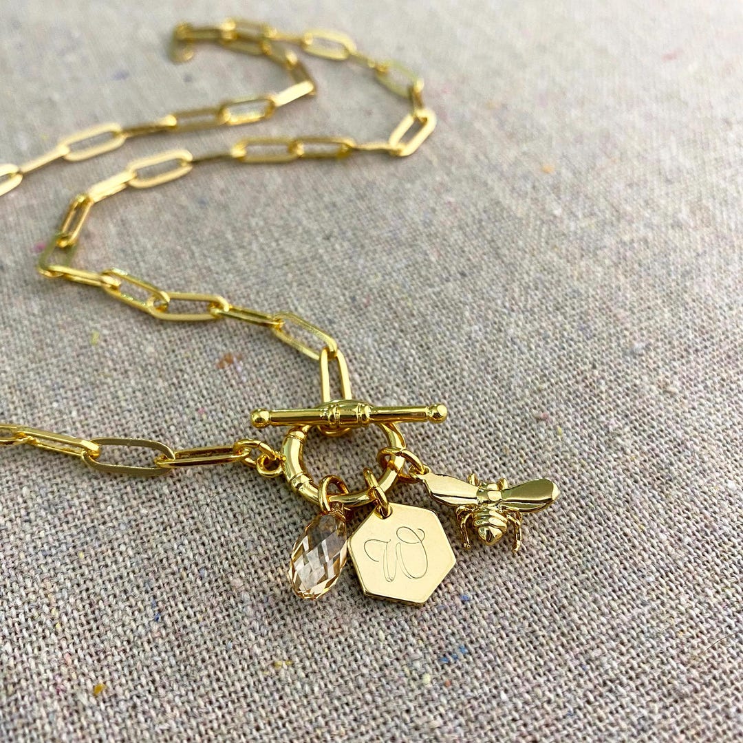Honeykiss Bee Charm Paperclip Chain Necklace | Monogram Honeycomb ...